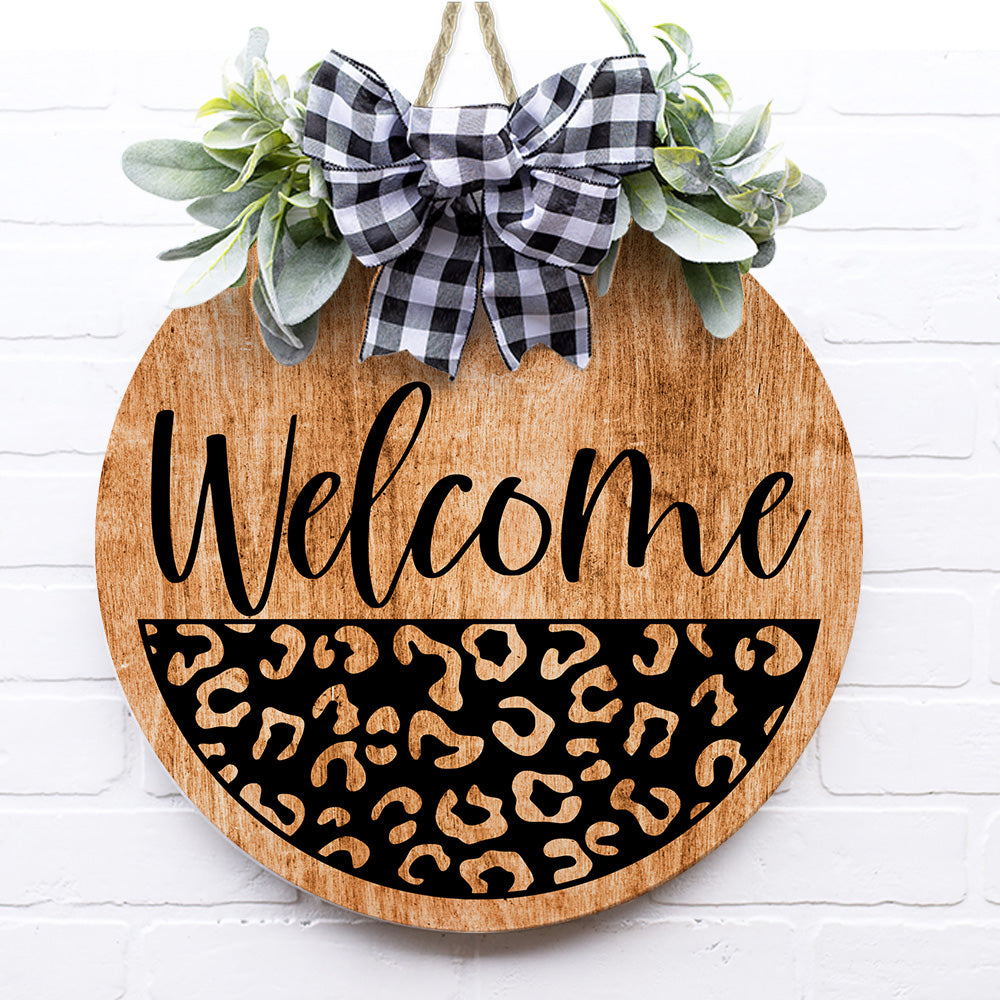 Welcome Leopard Print Wooden Door Sign - Mostly Pillows
